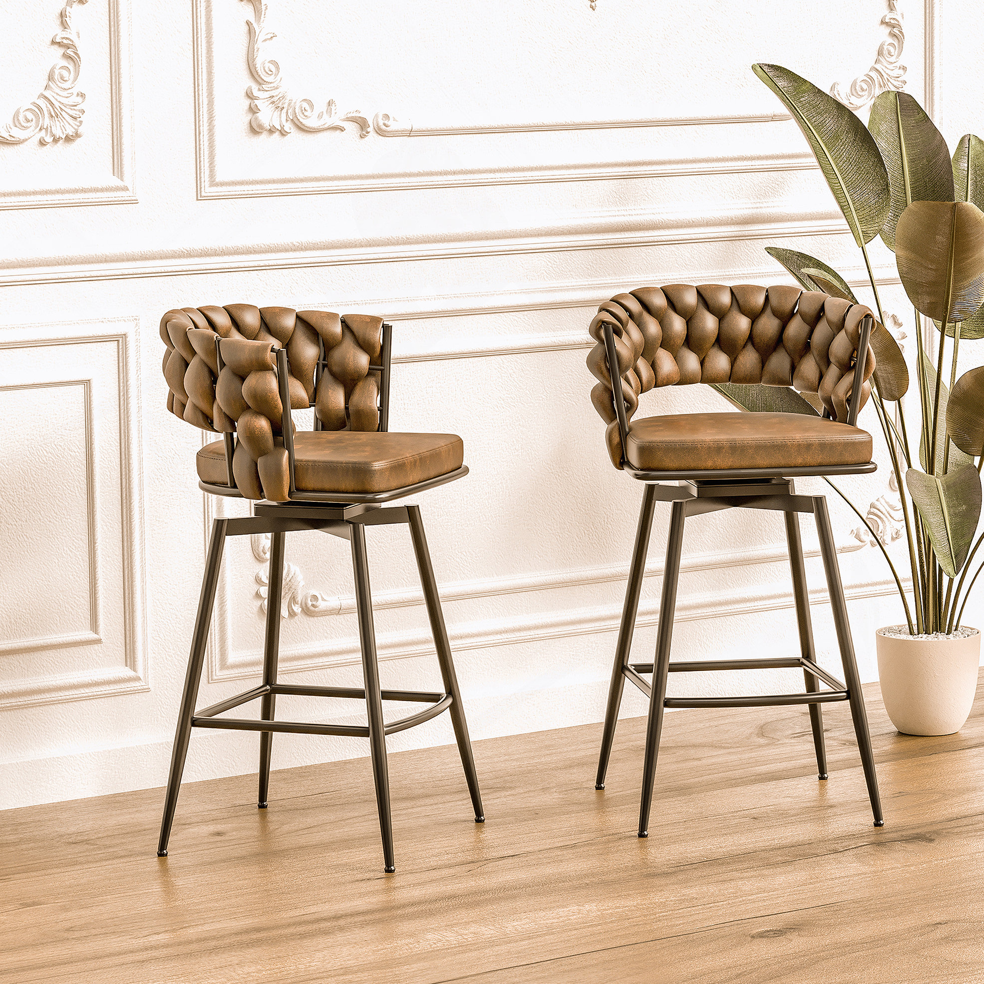 Corrigan Studio® 28" Technical Leather Woven Bar Stool Set of 2,Black legs Barstools No ...